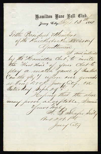 1860 Hamilton/Knickerbocker Challenge Letter | REA Archive