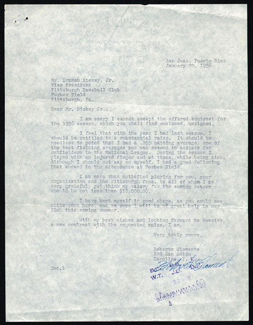 1956 Roberto Clemente Signed Letter and Contract Archive | REA Archive