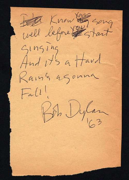 1963 Bob Dylan Handwritten Hard Rain Partial Working Lyrics | REA Archive
