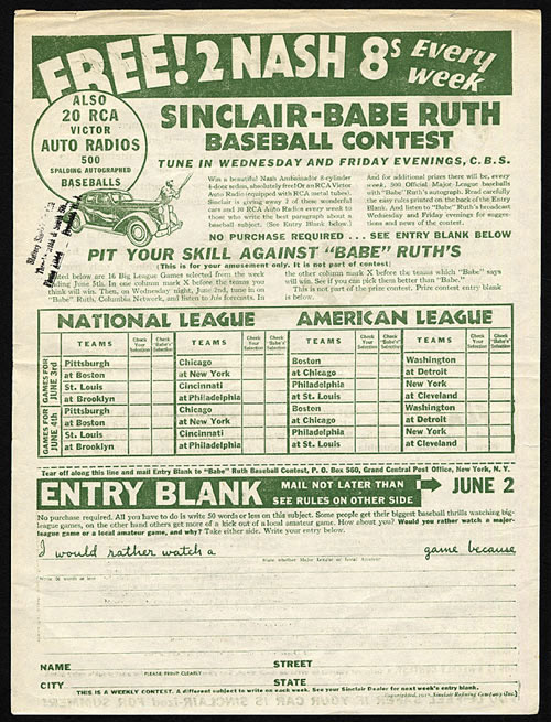 1937 Sinclair Oil Babe Ruth Baseball Contest Collection Including ...