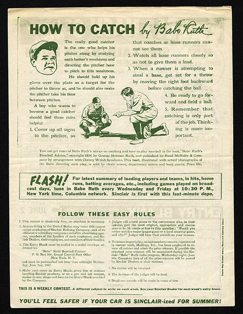1937 Sinclair Oil Babe Ruth Baseball Contest Collection Including ...