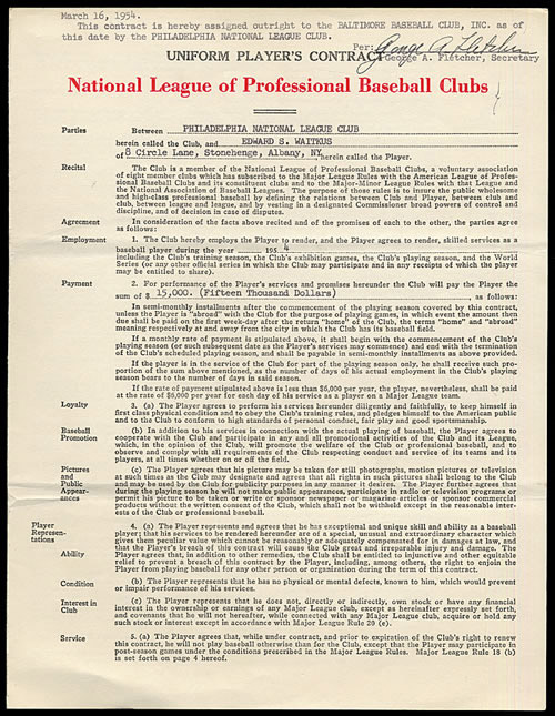 Eddie Waitkus Signed 1954 Philadelphia Phillies Contract and Pro Model ...
