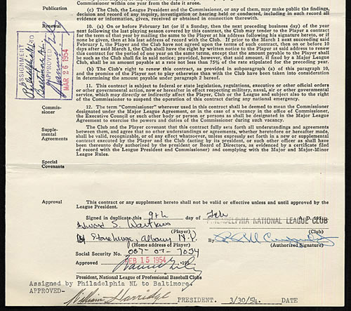 Eddie Waitkus Signed 1954 Philadelphia Phillies Contract and Pro Model ...