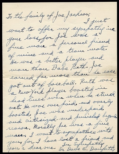 1951 Dave Danforth Handwritten Sympathy Letter to Joe Jackson's Family ...