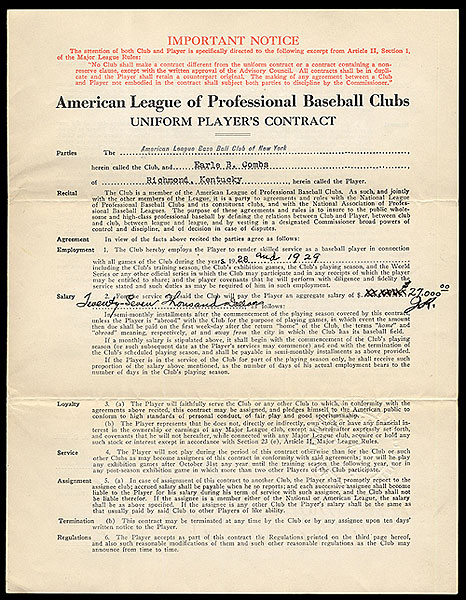 1928-1929 Earle Combs New York Yankees Contract | REA Archive
