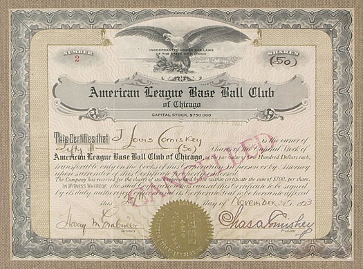 1923 Charles Comiskey Signed Chicago White Sox Stock Certificate #2 ...