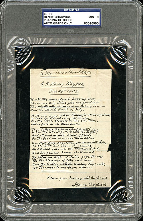1902 Henry Chadwick Signed Poem to His Wife - PSA/DNA MINT 9 - Highest ...