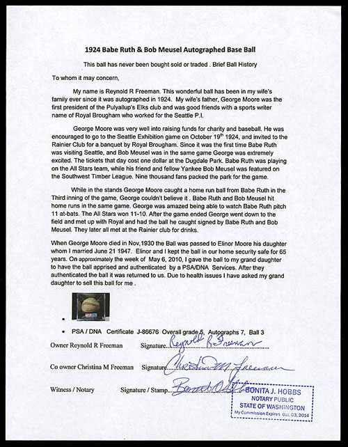 1924 Babe Ruth and Bob Meusel Signed Babe Ruth Home Run Ball! | REA Archive