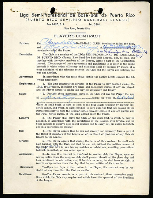 1941 Leon Day Puerto Rican League Contract | REA Archive