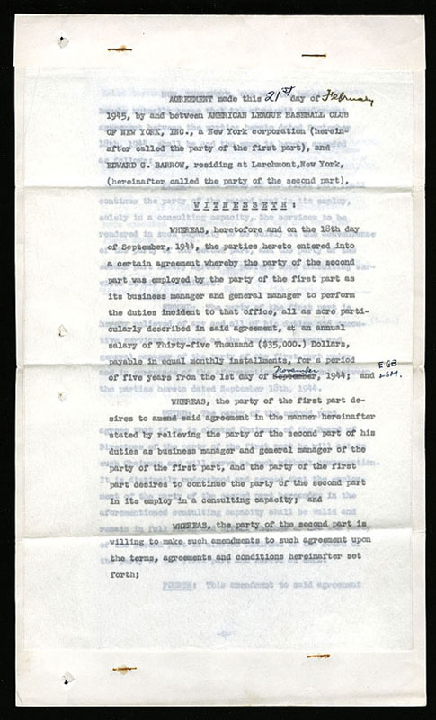 Historic 1945 Ed Barrow New York Yankees Contract - Signed by Barrow ...