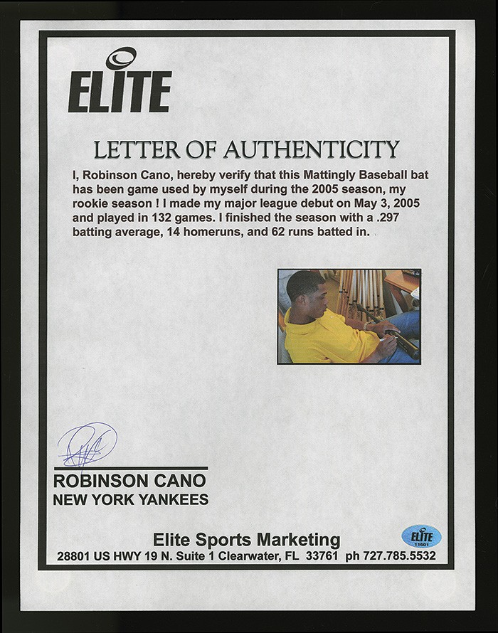 2005 Robinson Cano Signed Pro-Model Rookie Bat with LOA from Cano ...