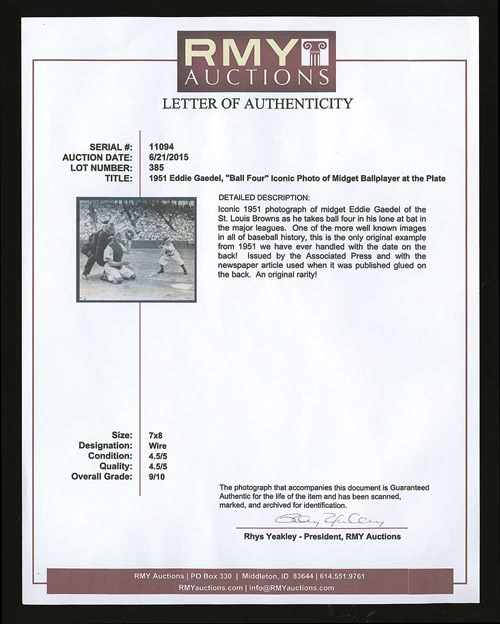 1951 Original Eddie Gaedel Wire Photo | REA Archive