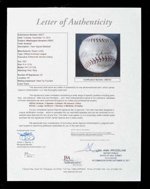 1927 Washington Senators Team-Signed Ball with Johnson and Speaker ...
