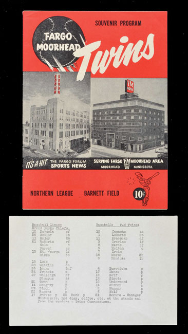 1953 Fargo Twins Program, Lineup Sheet and Two Rare Roger Maris (Maras ...