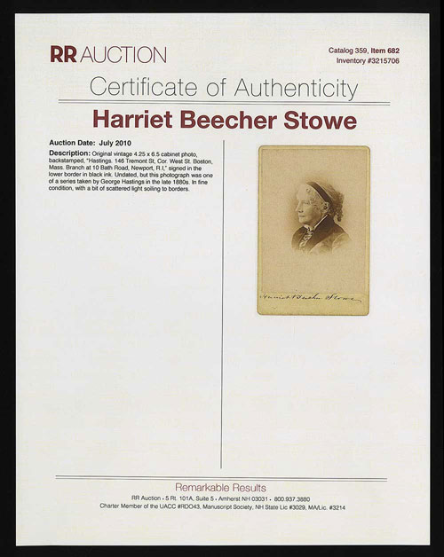1885 Harriet Beecher Stowe Signed Edition of Uncle Tom's Cabin and Circa 1885 Signed Cabinet ...