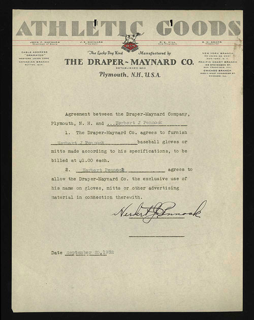 1932 Herb Pennock Signed Draper-Maynard Endorsement Contract | REA Archive