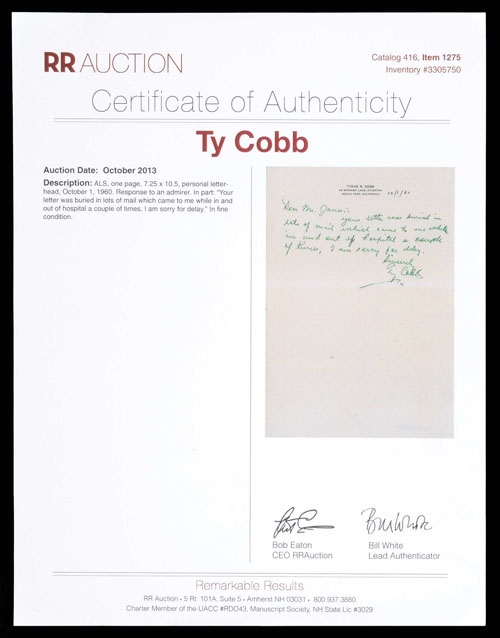 1960 Ty Cobb Handwritten Letter | REA Archive
