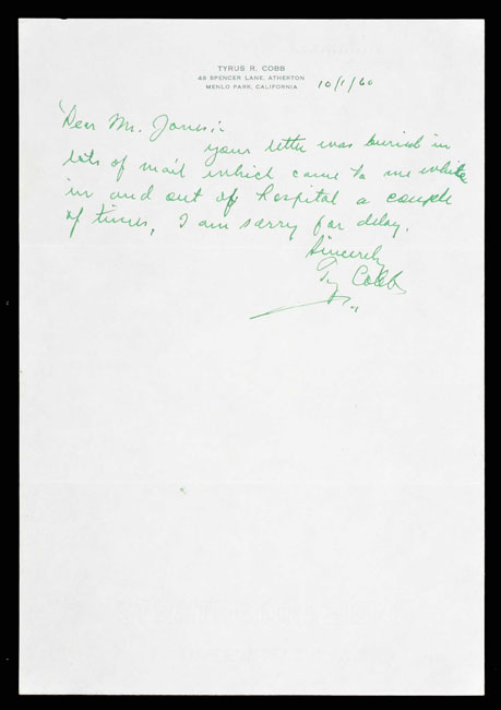 1960 Ty Cobb Handwritten Letter | REA Archive