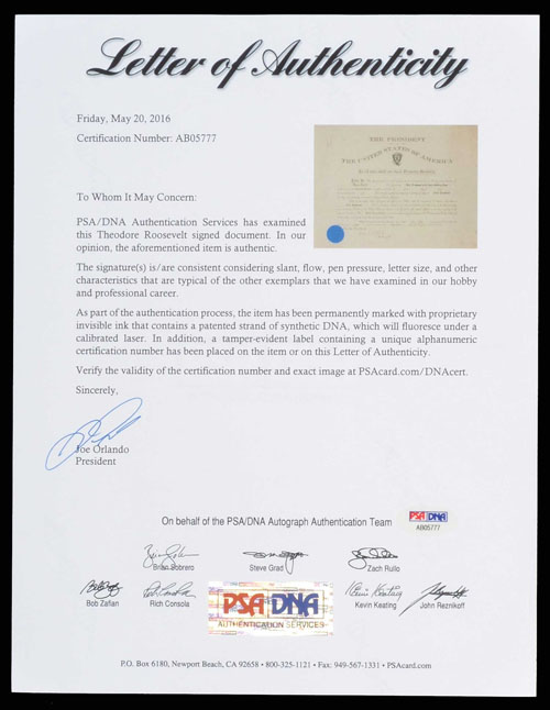 1908 Teddy Roosevelt Signed Appointment - PSA/DNA | REA Archive