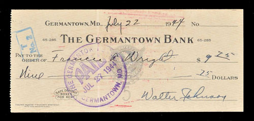 1944 Walter Johnson Signed Check | REA Archive