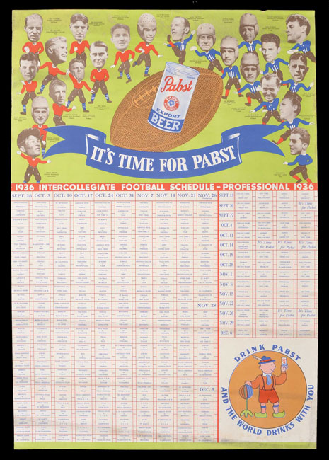 1936 Pabst Blue Ribbon NFL and Collegiate Pictorial Schedule Display ...