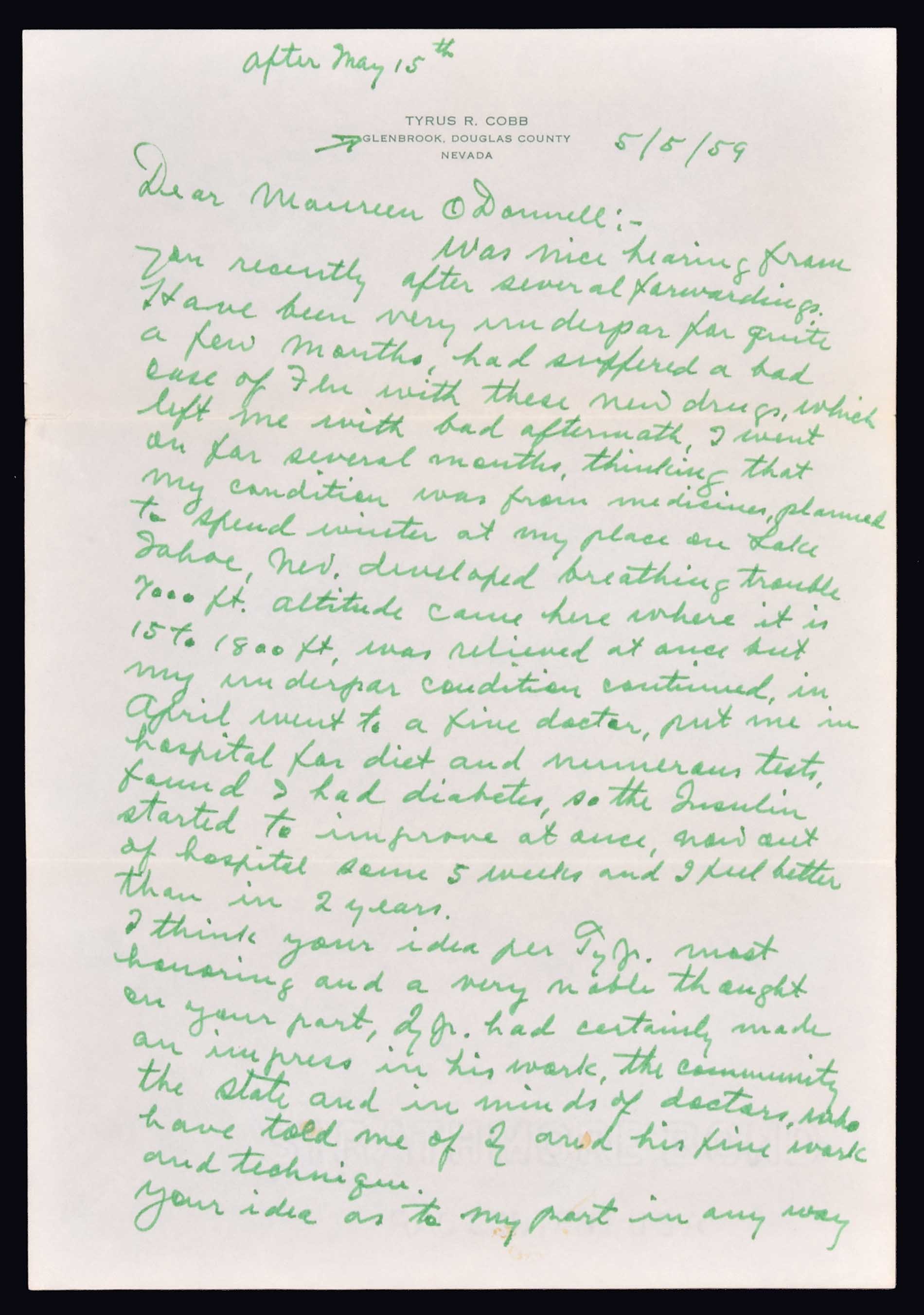 1959 Ty Cobb Handwritten Letter PSA/DNA MINT 9 | REA Archive
