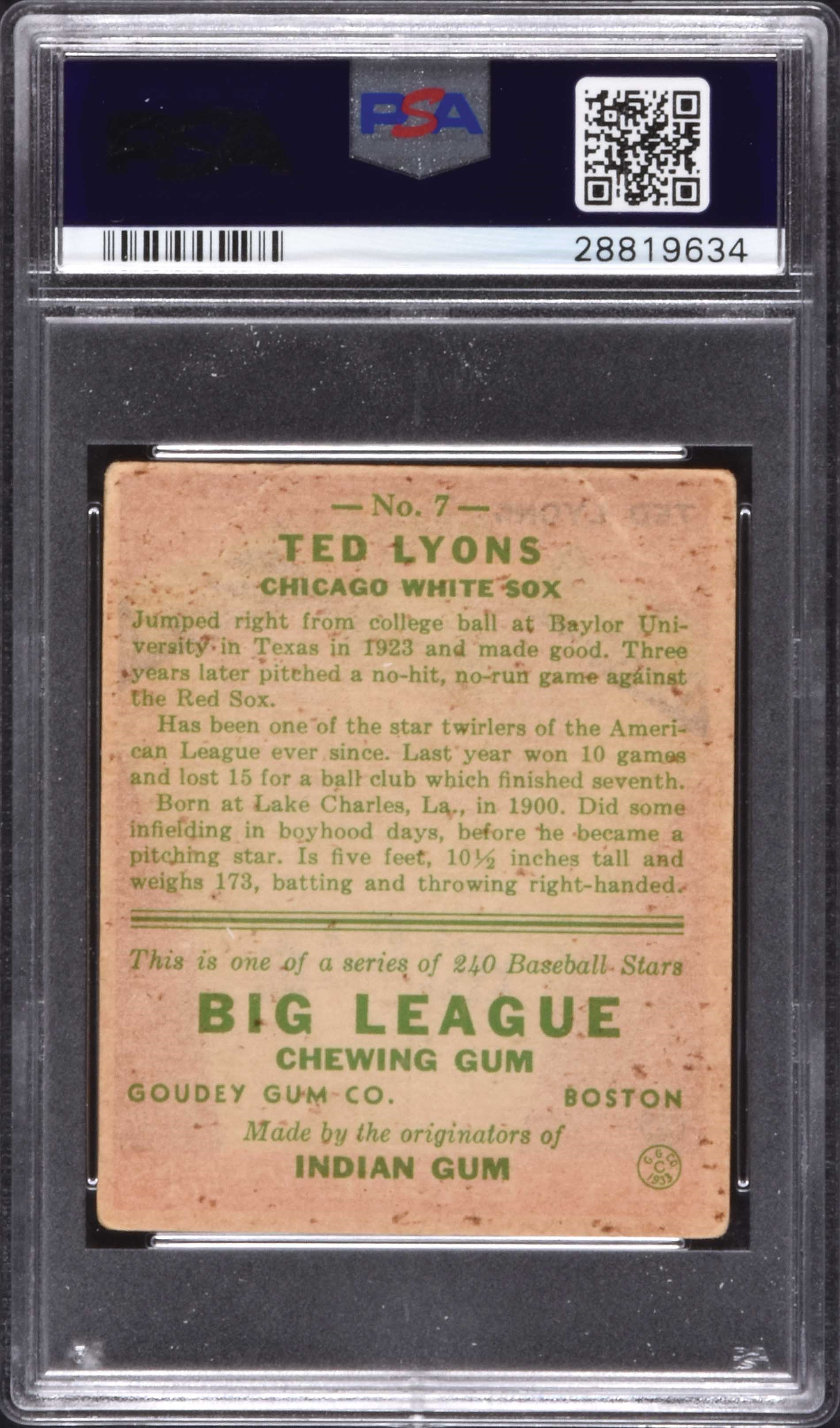 Signed 1933 R319 Goudey #7 Ted Lyons PSA/DNA NM-MT 8 | REA Archive