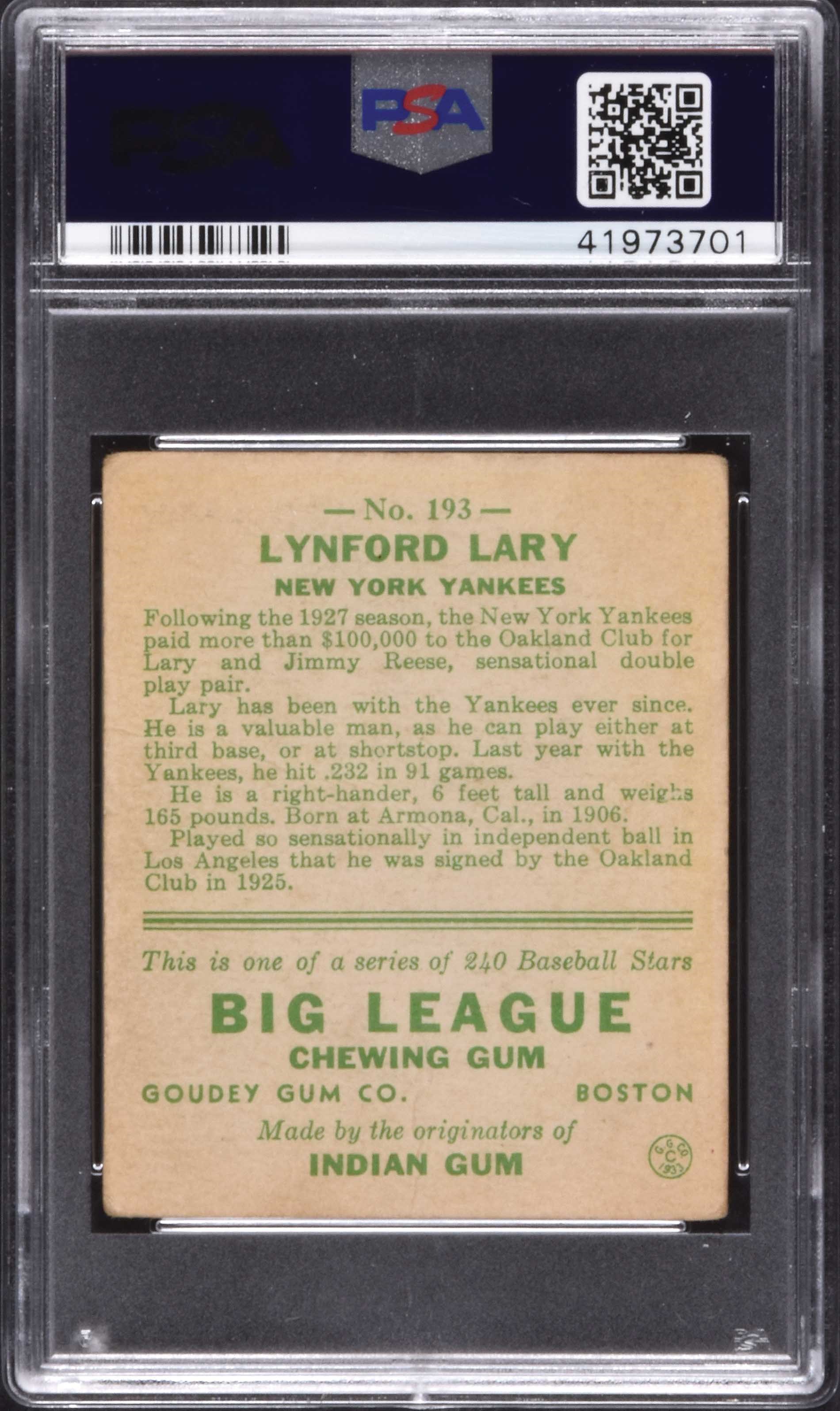 Signed 1933 R319 Goudey #193 Lyn Lary - PSA/DNA | REA Archive
