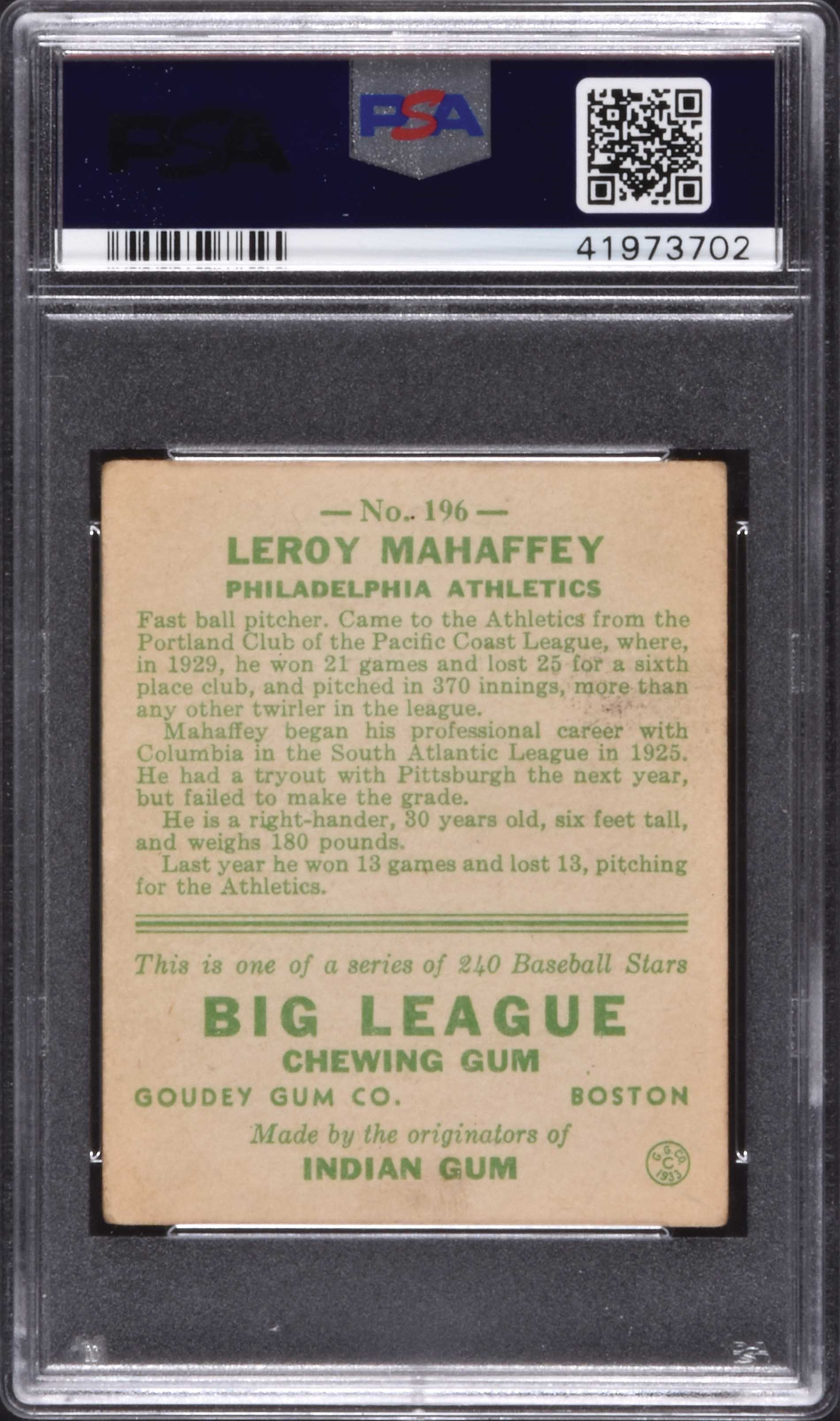 Signed 1933 R319 Goudey #196 Roy Mahaffey - PSA/DNA | REA Archive