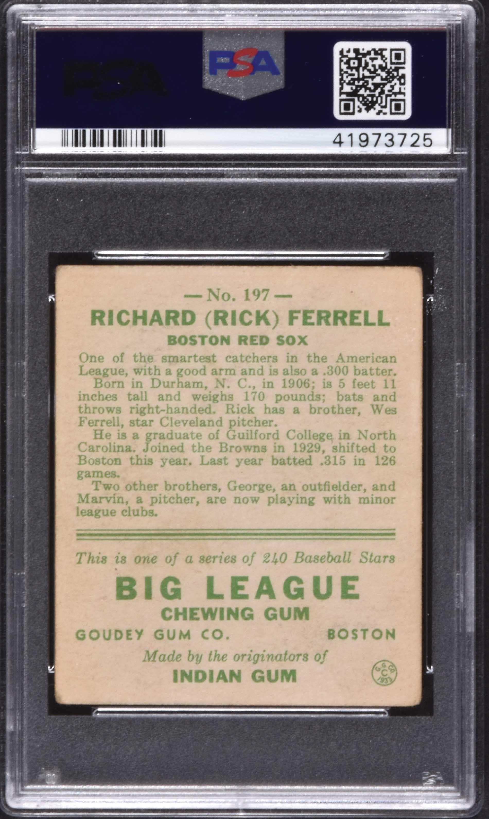 Signed 1933 R319 Goudey #197 Rick Ferrell - PSA/DNA | REA Archive