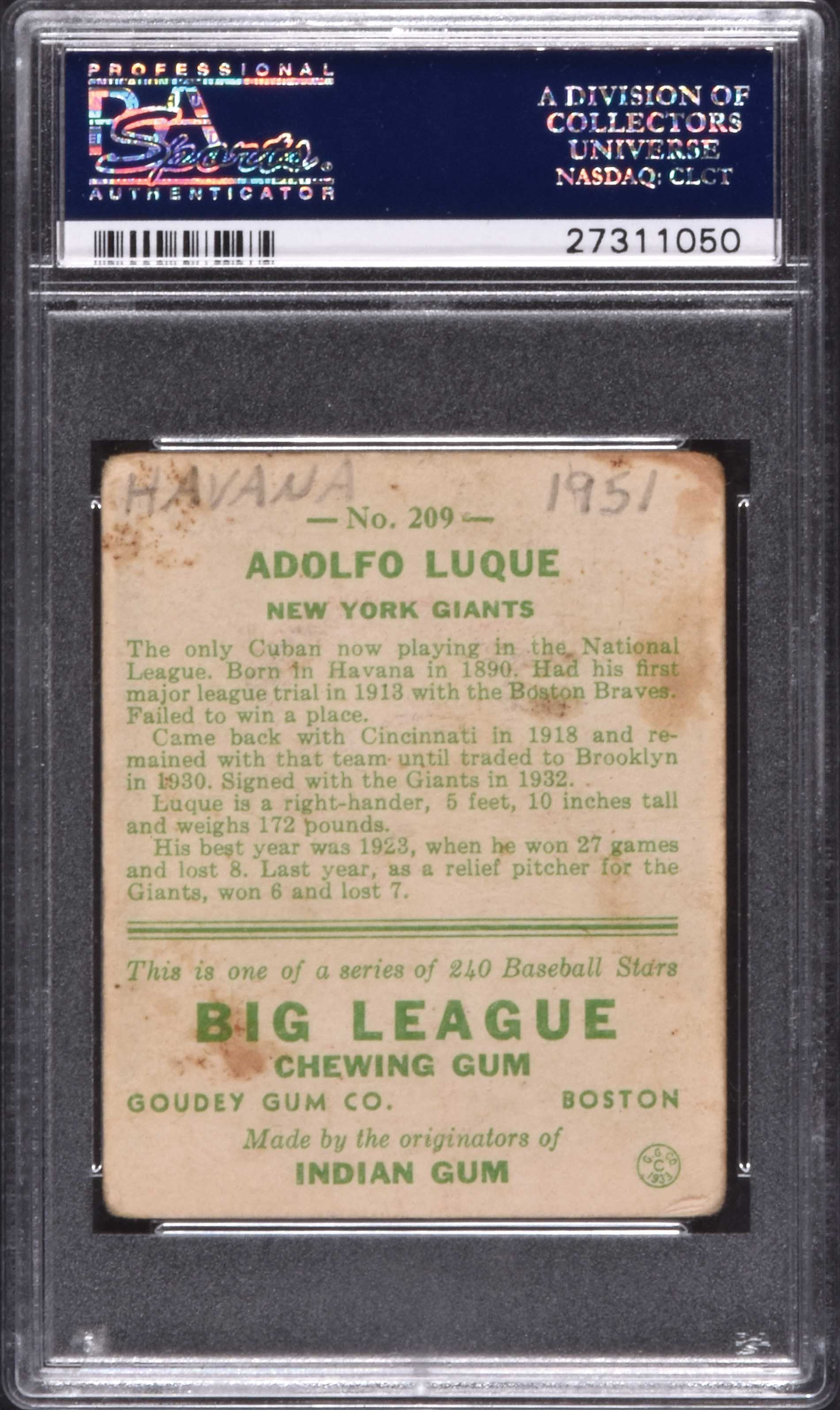 Signed 1933 R319 Goudey #209 Adolfo Luque - PSA/DNA | REA Archive