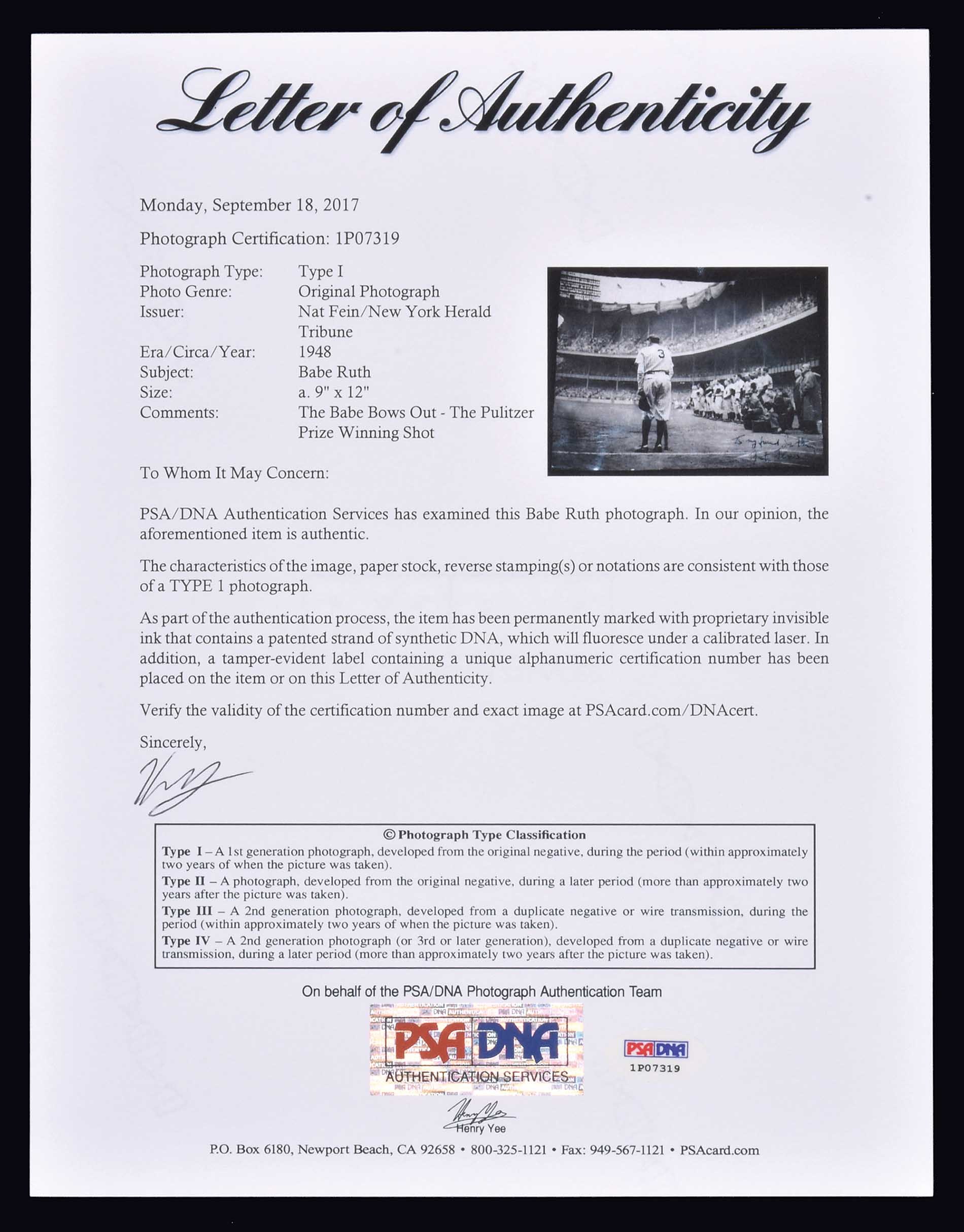 1948 Nat Fein Signed Original Large-Format Photograph - The Babe Bows ...