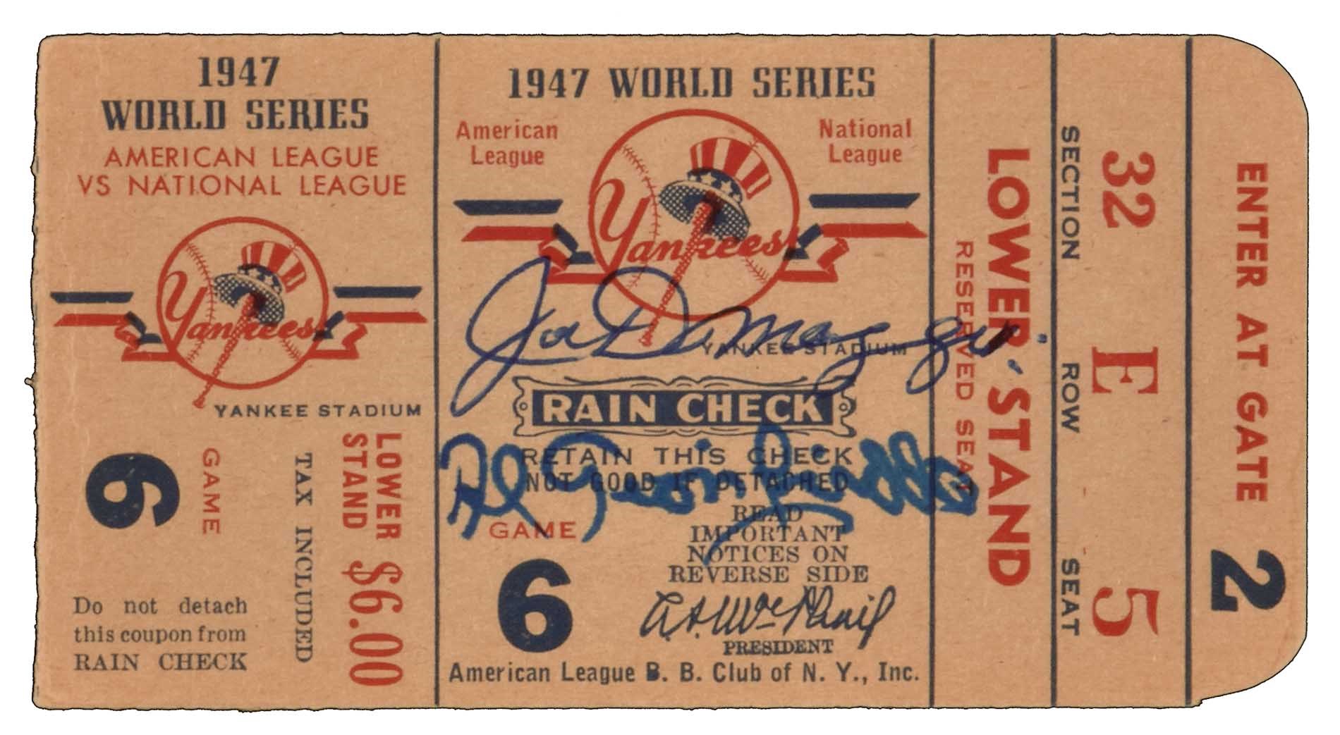 1947 World Series Ticket Stub - Game 6 - Signed by Joe DiMaggio and Al ...