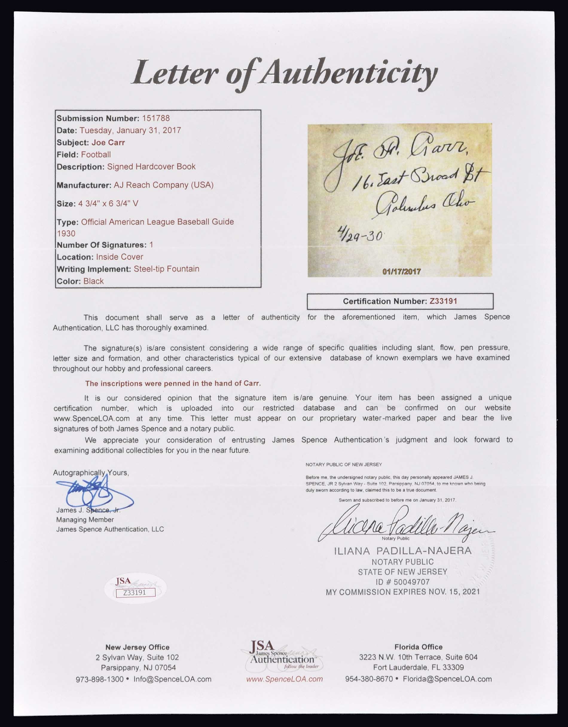 Joe Carr Signed 1930 Reach Baseball Guide - Rare Hall of Fame Autograph ...