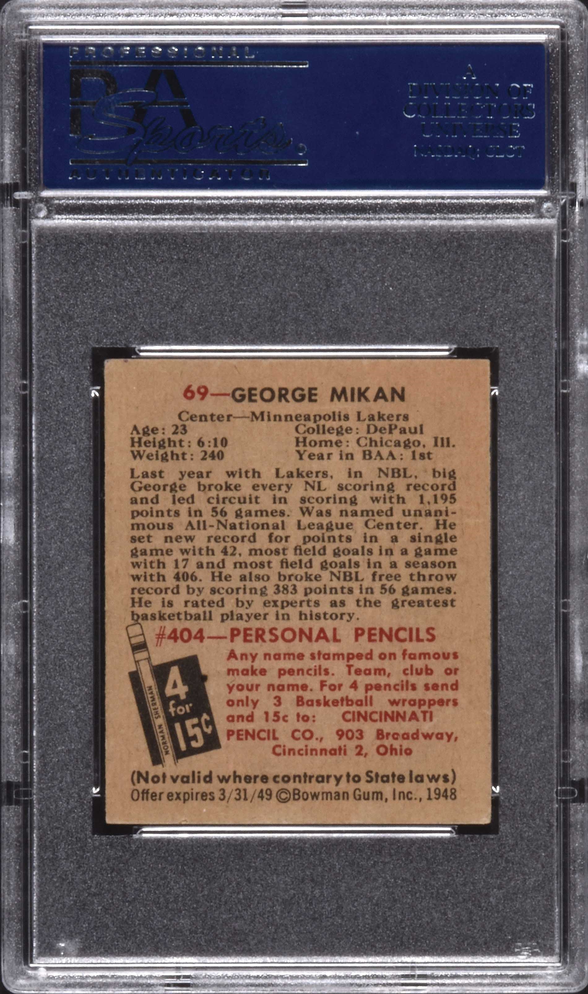 Signed 1948 Bowman Basketball #69 George Mikan Rookie - PSA/DNA | REA ...