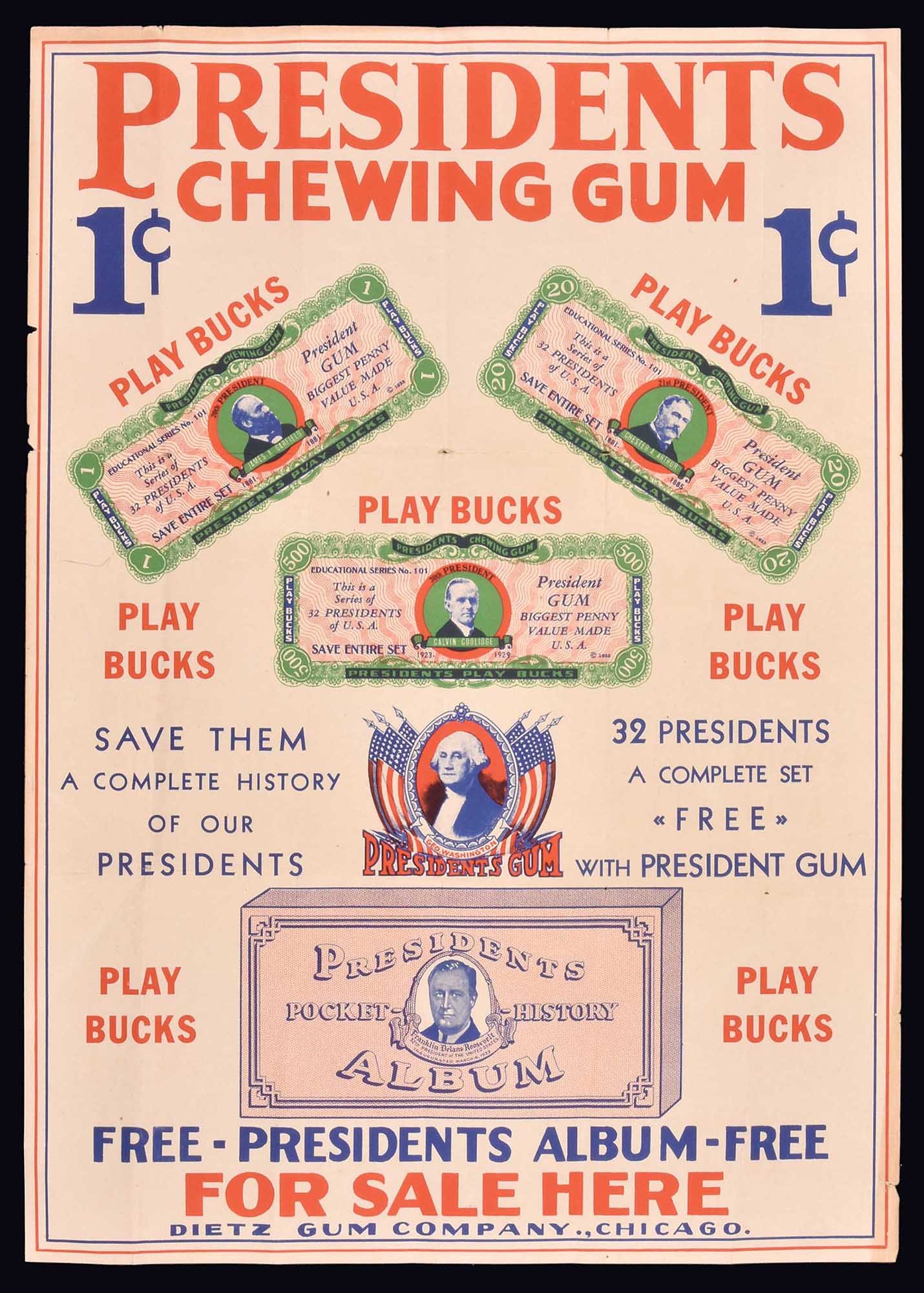 1933 R118 Dietz Gum "Presidents Play Bucks" Original Store Window ...