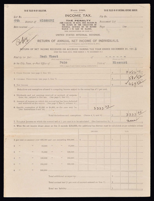 1913 Zack Wheat Signed Federal Income Tax Form - The First Federal ...