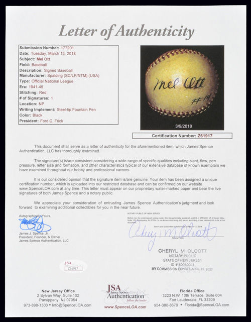 1940s Mel Ott Single-Signed Baseball | REA Archive