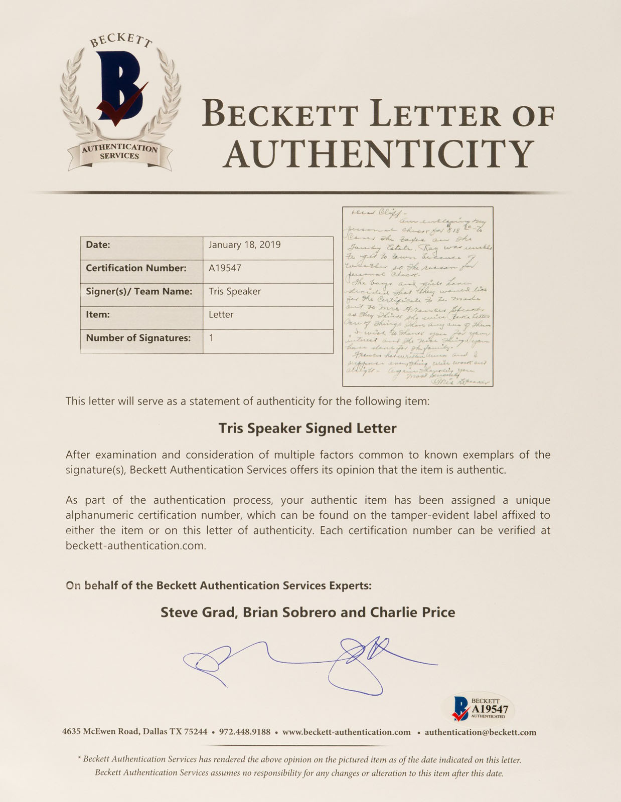 1945 Tris Speaker Handwritten Letter | REA Archive