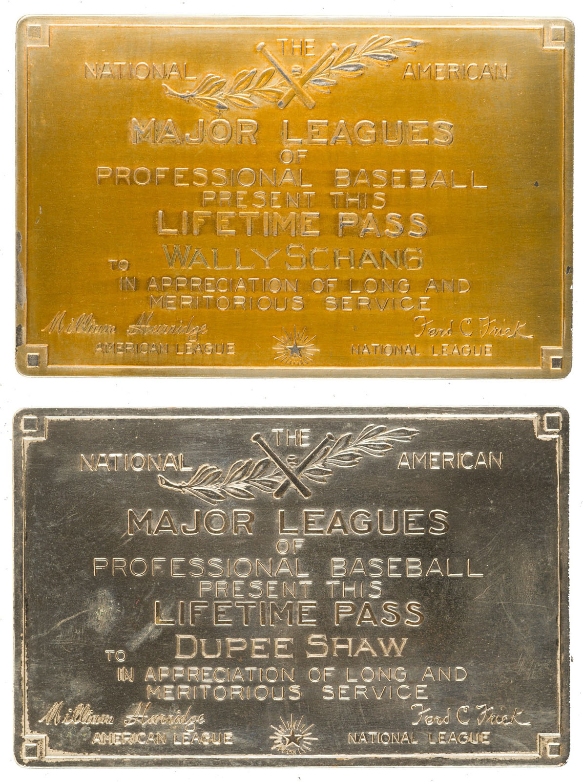 Wally Schang and Dupee Shaw Major League Baseball Silver Lifetime ...