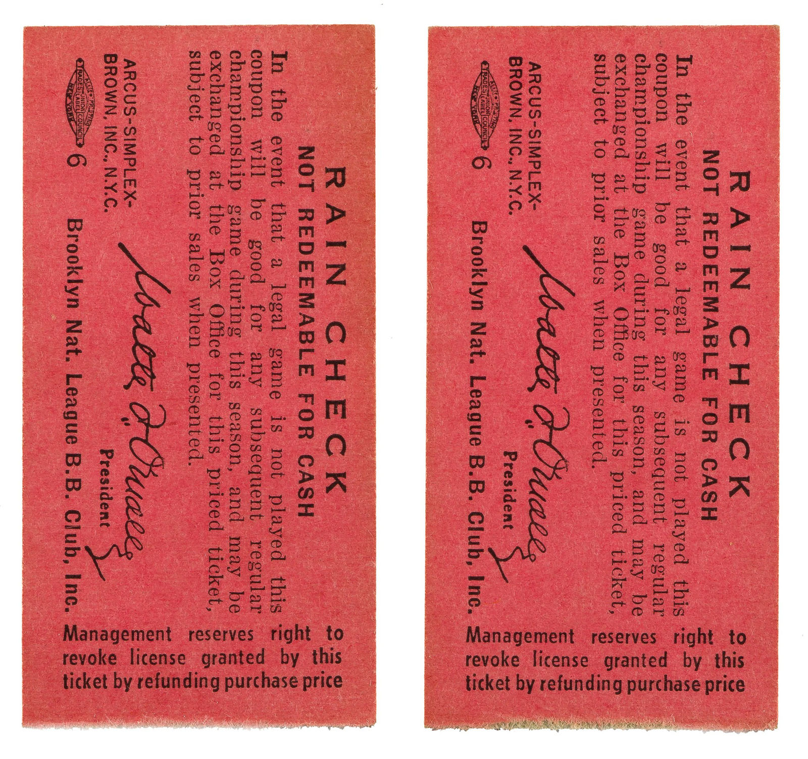Pair of Ticket Stubs from the Last Brooklyn Dodgers Game at Ebbets ...