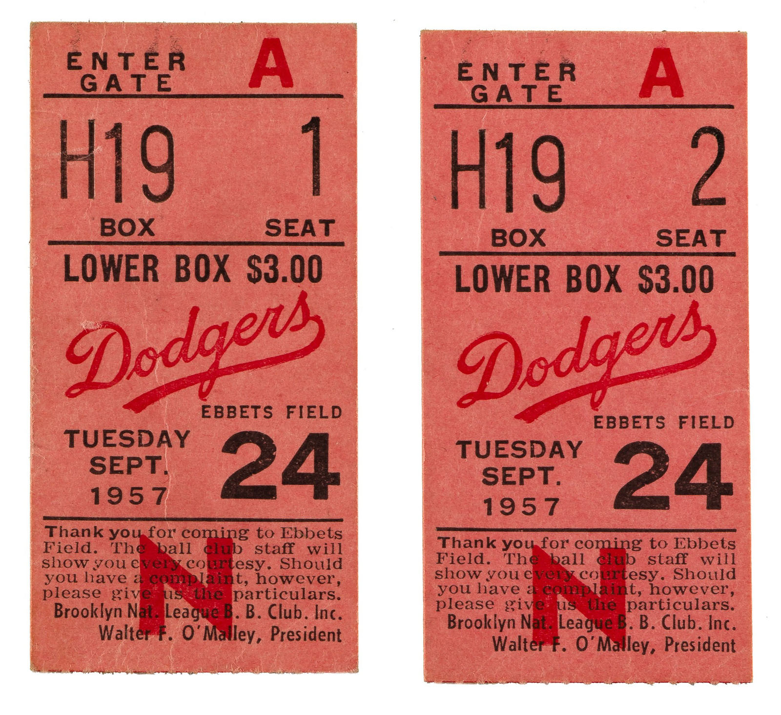 Pair of Ticket Stubs from the Last Brooklyn Dodgers Game at Ebbets ...