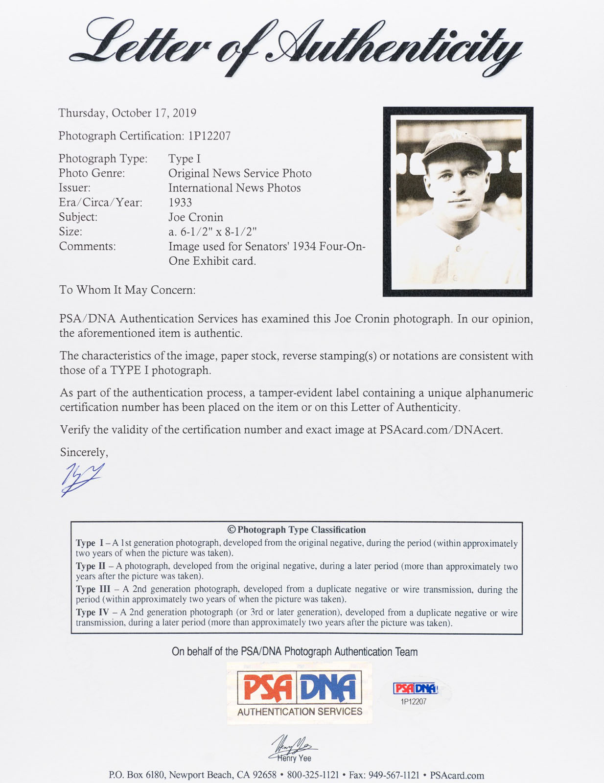 Joe Cronin Original Photograph - PSA/DNA Type I - Used for 1934 Four-on ...