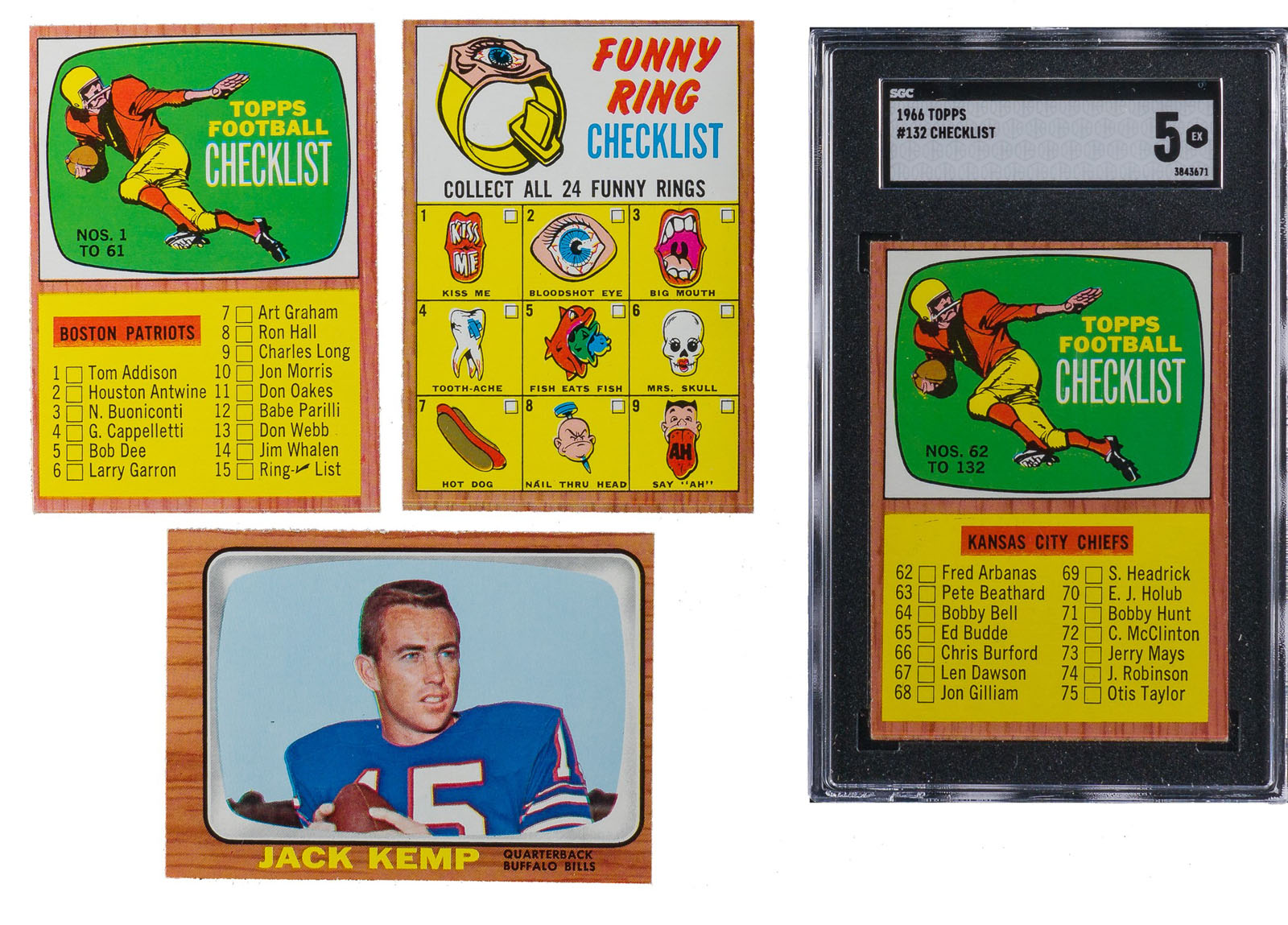 1966 Topps Football Complete Set (132) Plus "Funny Ring" Complete Set ...