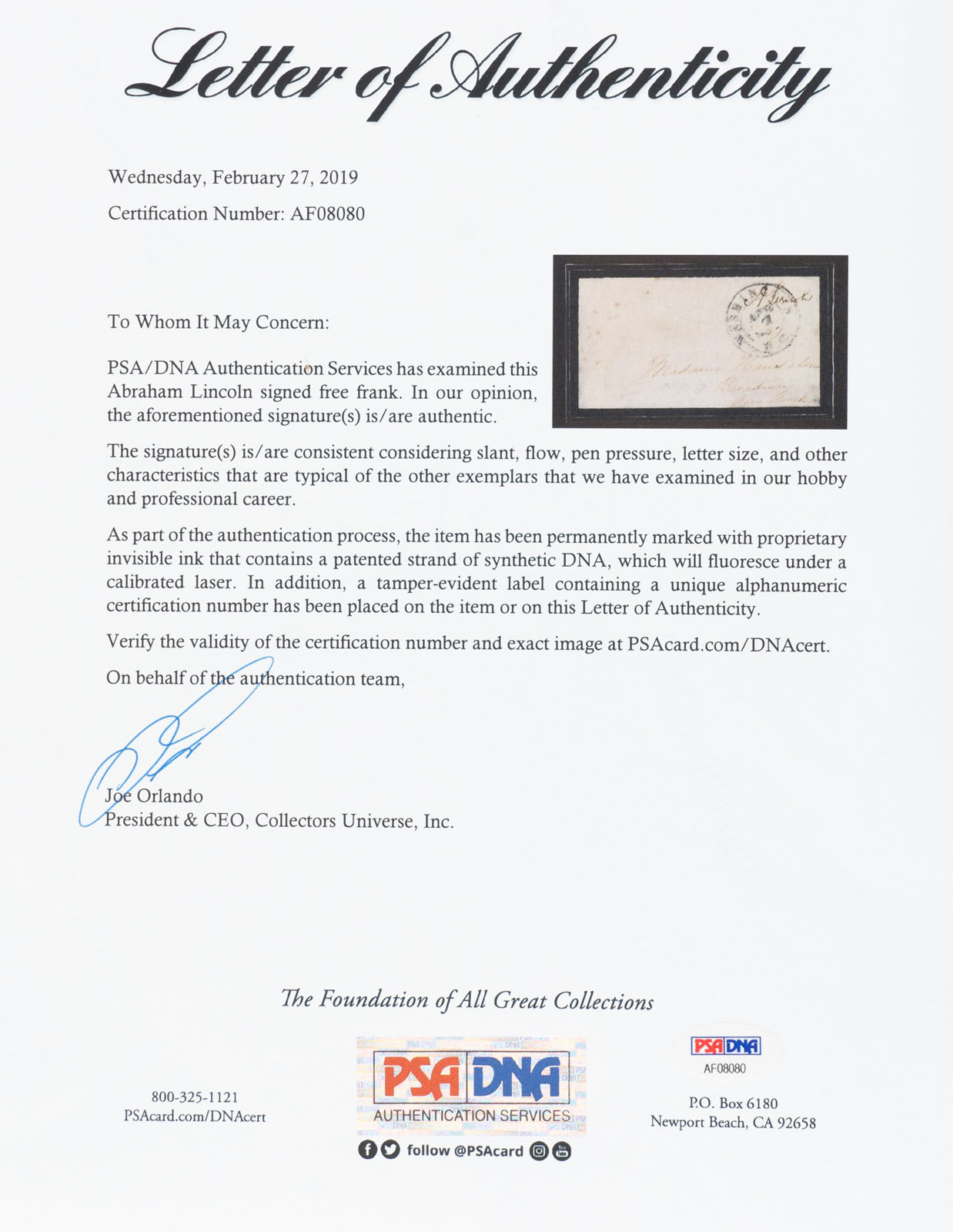 Circa 1862 Abraham Lincoln Free Frank Envelope and Original Cabinet ...