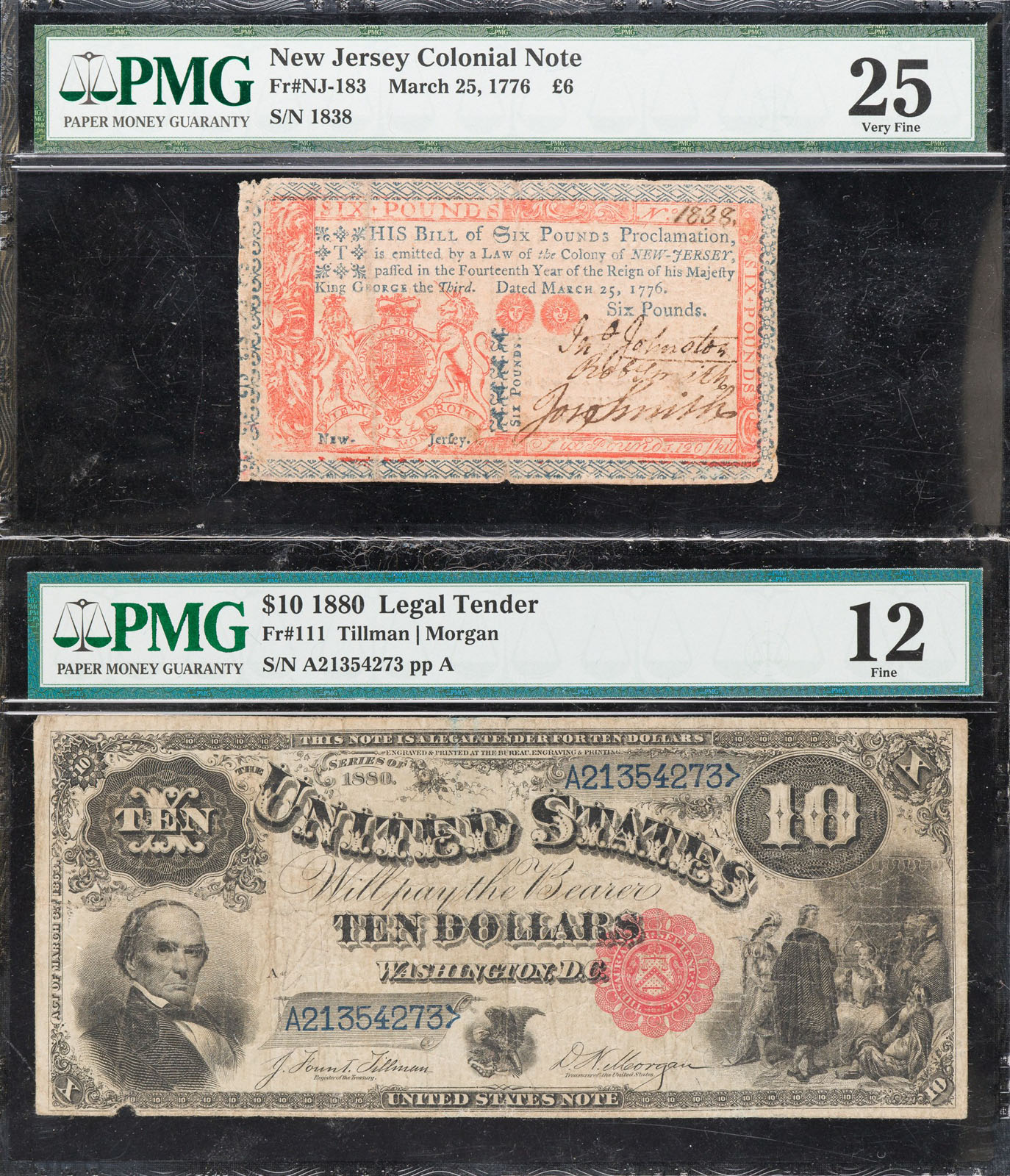 Pair of Vintage Notes: 1776 New Jersey Colonial Note and 1880 $10 Legal ...