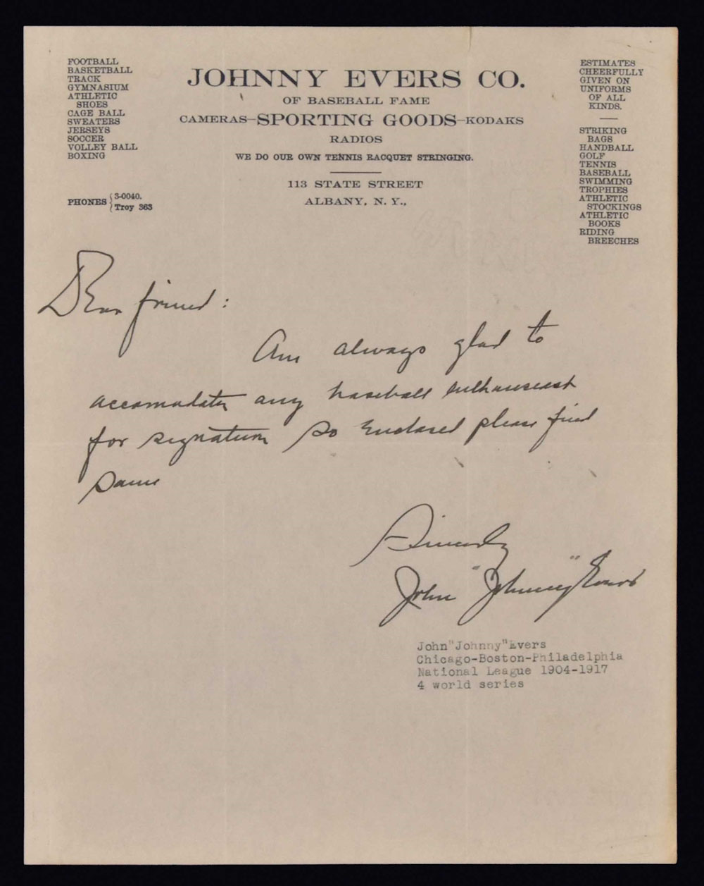 1933 Johnny Evers Handwritten Letter - PSA/DNA | REA Archive