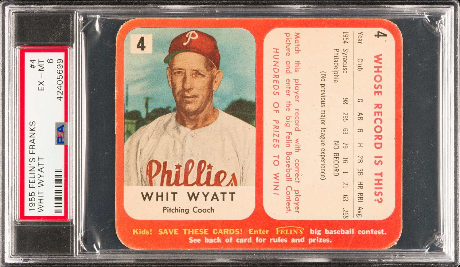 1955 Felin's Franks #4 Whit Wyatt PSA EX-MT 6 - Highest Graded! | REA ...
