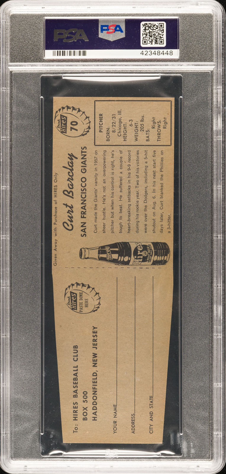 1958 Hires Root Beer #70 Curt Barclay with Tab PSA MINT 9 - Highest ...