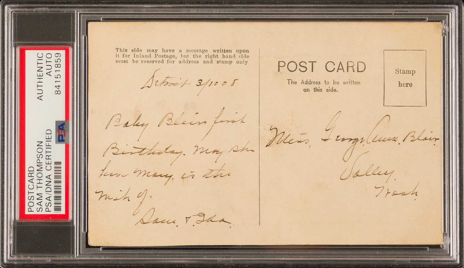 Sam Thompson Handwritten and Signed Postcard - PSA/DNA | REA Archive